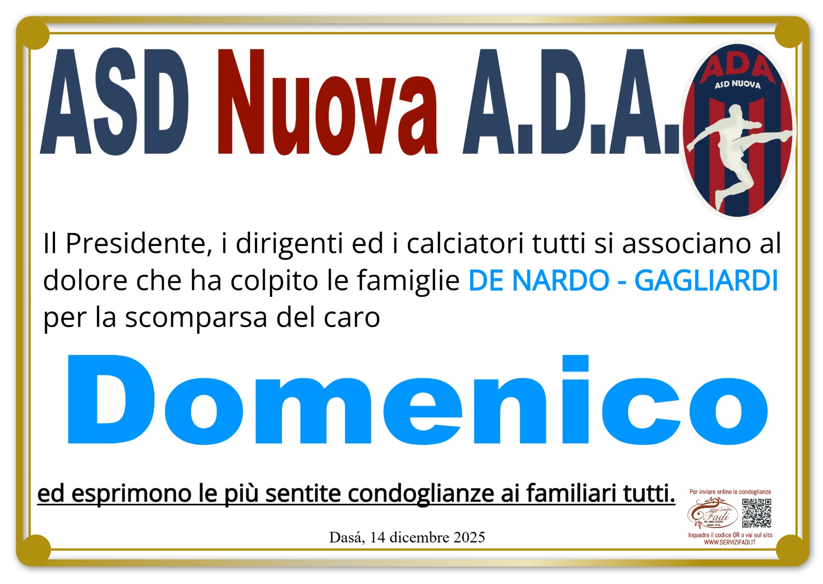 Domenico De Nardo - Necrologio e condoglianze su Sevizi Fadi