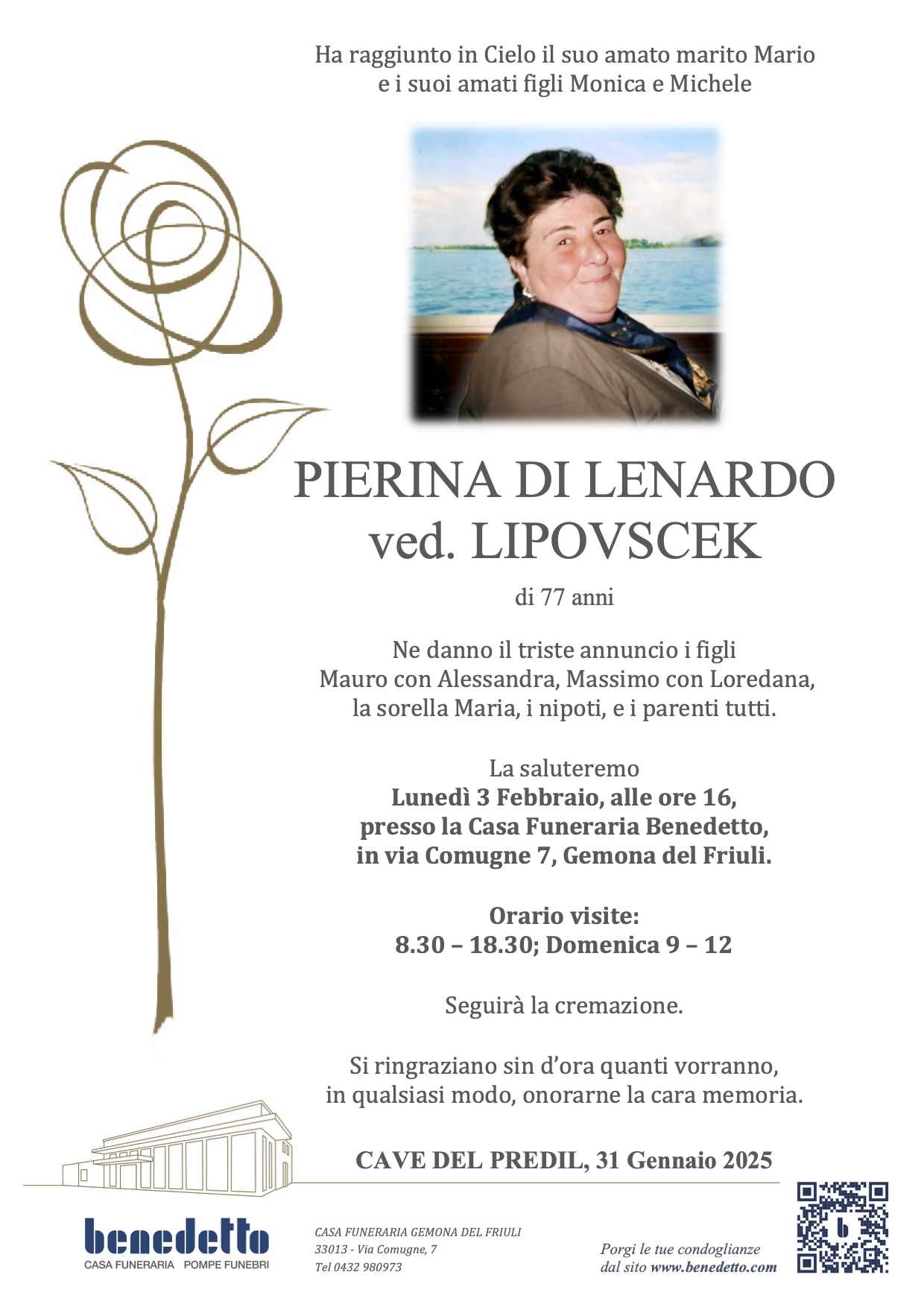 PIERINA DI LENARDO - Necrologio e condoglianze su Benedetto
