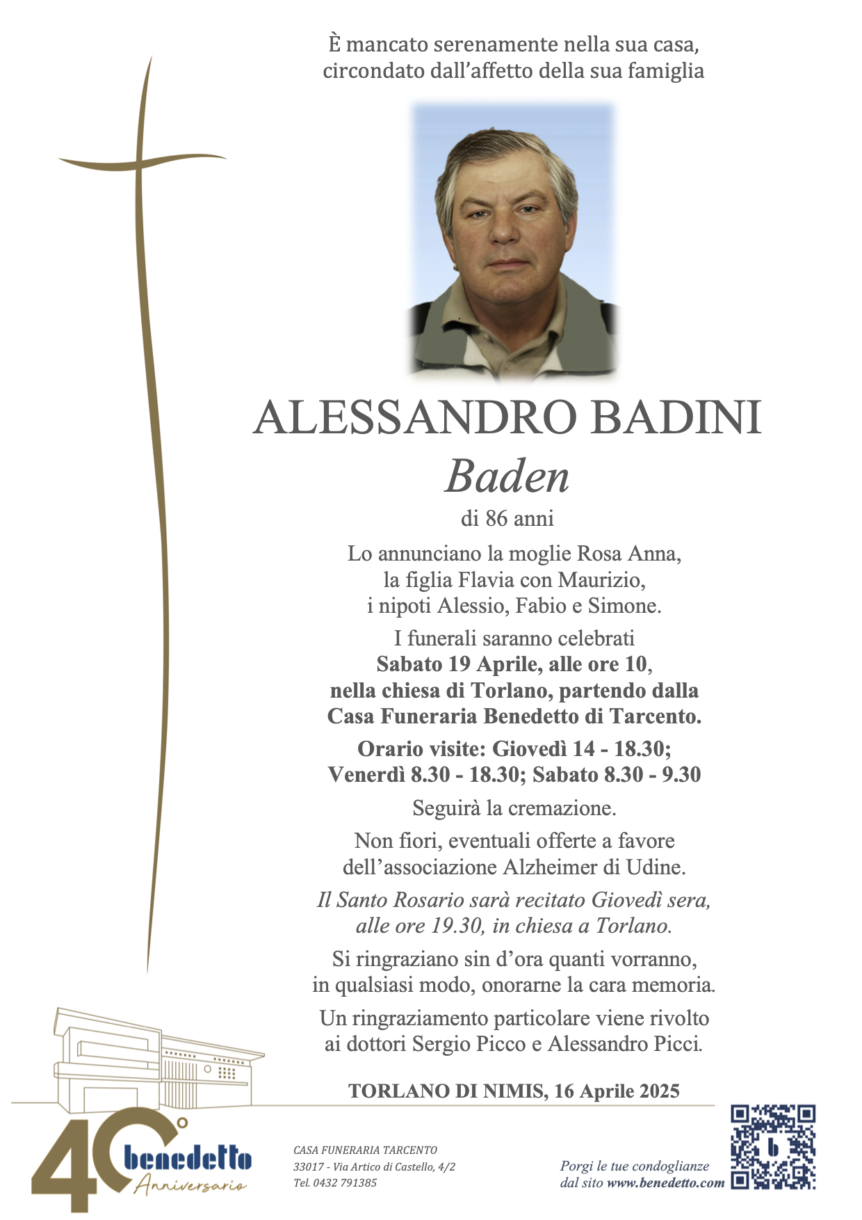 ALESSANDRO BADINI - Necrologio e condoglianze su Benedetto