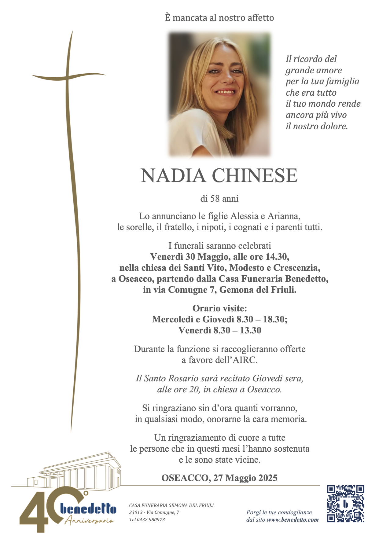 NADIA CHINESE - Necrologio e condoglianze su Benedetto