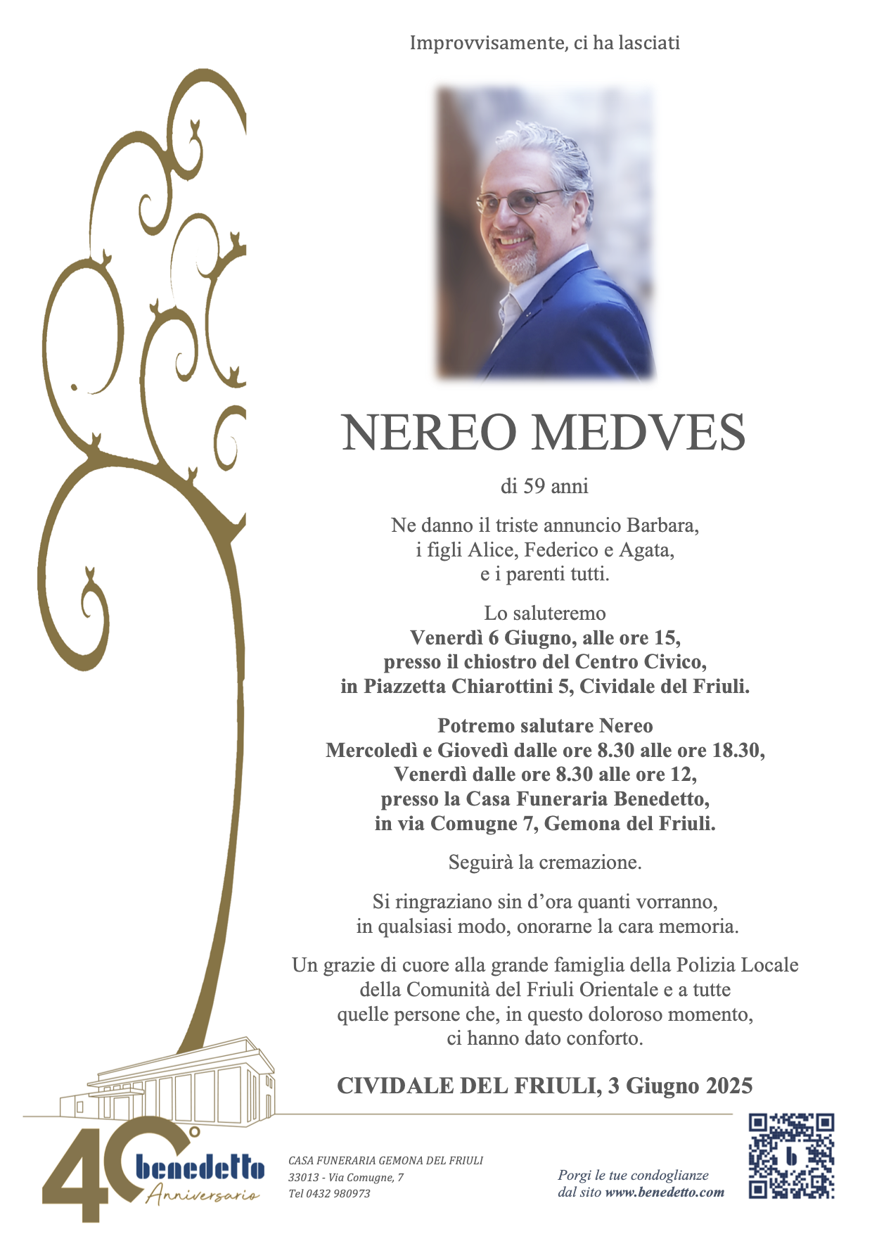 NEREO MEDVES - Necrologio e condoglianze su Benedetto