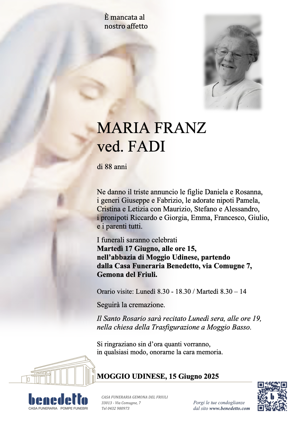 MARIA FRANZ - Necrologio e condoglianze su Benedetto
