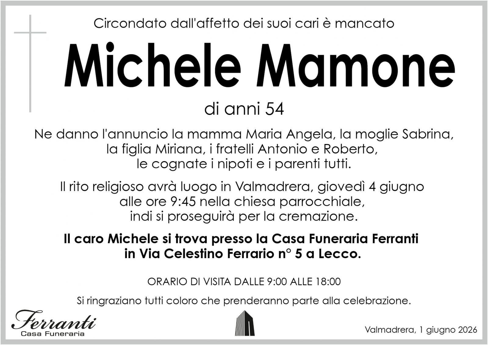 Michele Mamone - Necrologio e condoglianze su Ferranti Lecco
