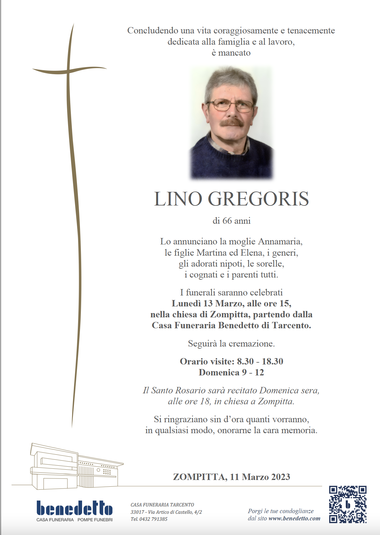 LINO GREGORIS - Necrologio e condoglianze su Benedetto