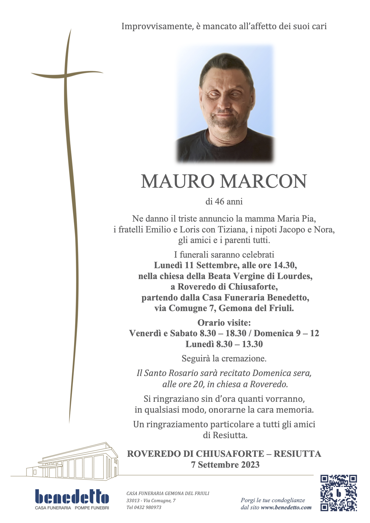 MAURO MARCON - Necrologio e condoglianze su Benedetto